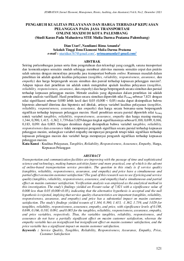 (PDF) Pengaruh Kualitas Pelayanan Dan Harga Terhadap Kepuasan Pelanggan Pada Jasa Transportasi ...