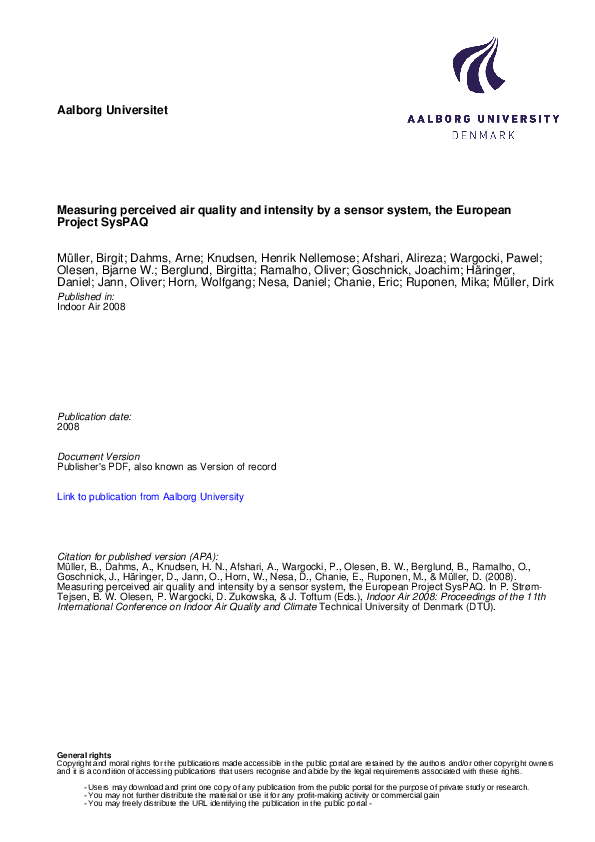 (PDF) Measuring perceived air quality and intensity by a Sensor System ...