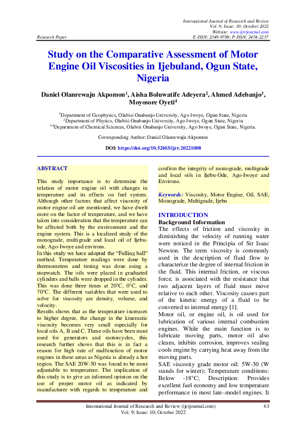 (PDF) Study on the Comparative Assessment of Motor Engine Oil ...
