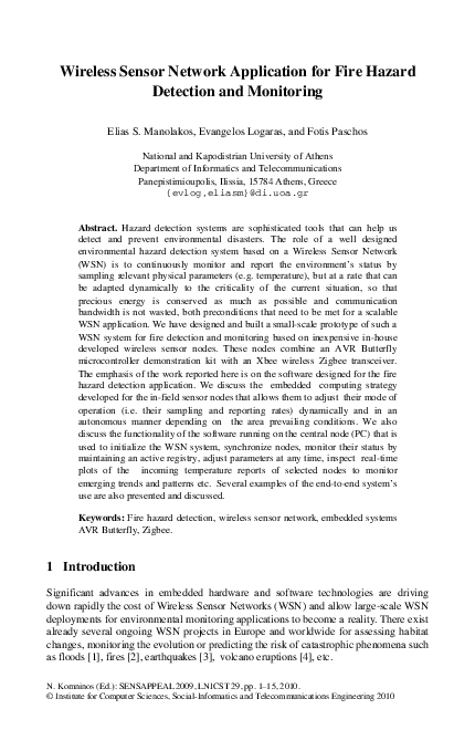 (PDF) Wireless sensor network application for fire hazard detection and monitoring