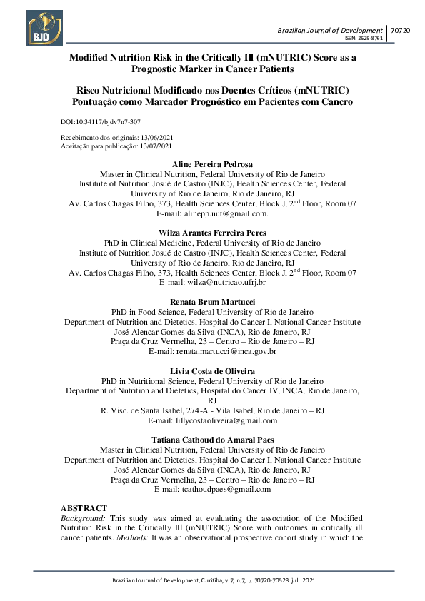 (PDF) Modified Nutrition Risk in the Critically Ill (mNUTRIC) Score as ...