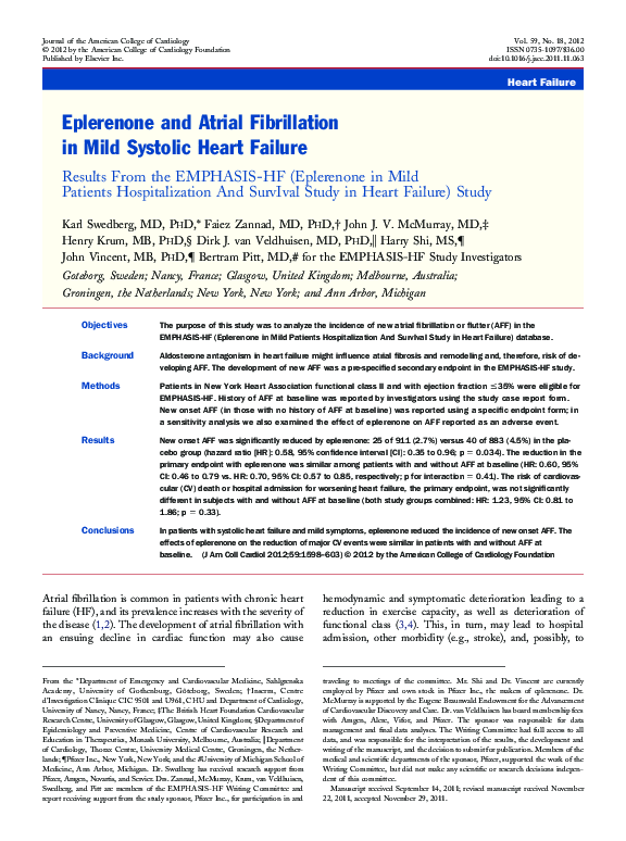 (PDF) Eplerenone and Atrial Fibrillation in Mild Systolic Heart Failure