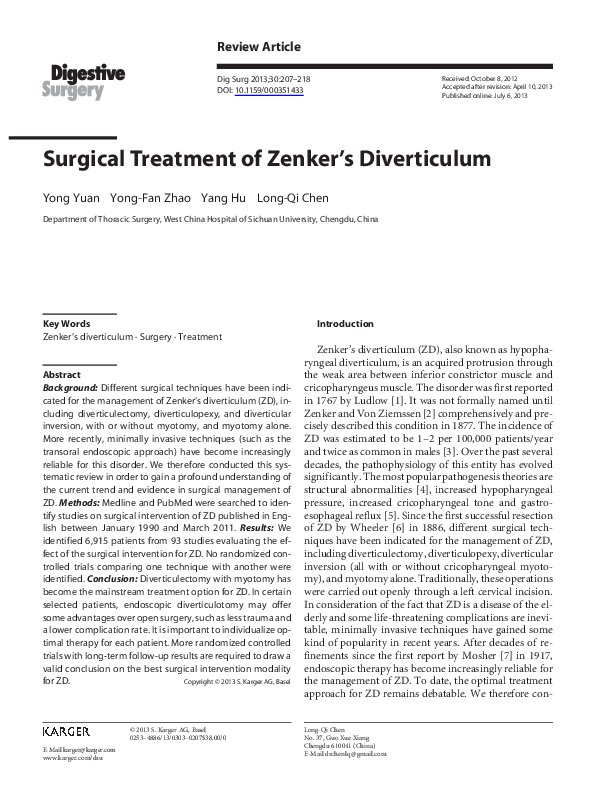 (PDF) Surgical Treatment of Zenker's Diverticulum