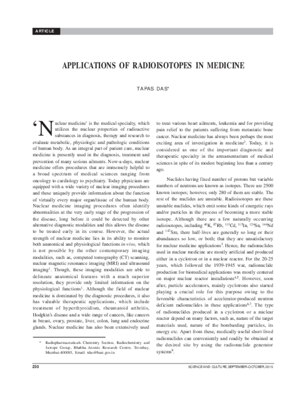 (PDF) Applications of Radioisotopes in Medicine