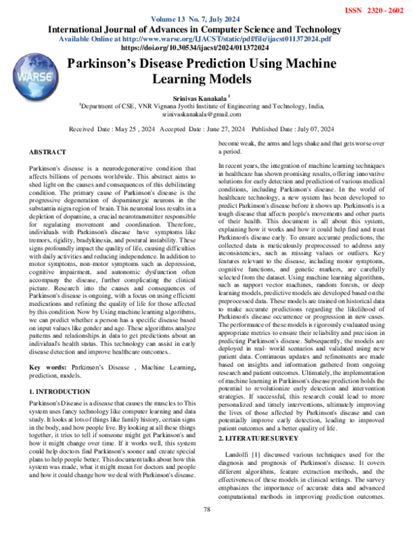 (PDF) Parkinson's Disease Prediction Using Machine Learning Models