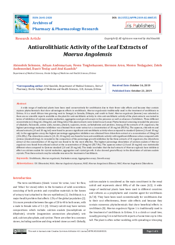 (PDF) Antiurolithiatic Activity of the Leaf Extracts of Maerua Angolensis