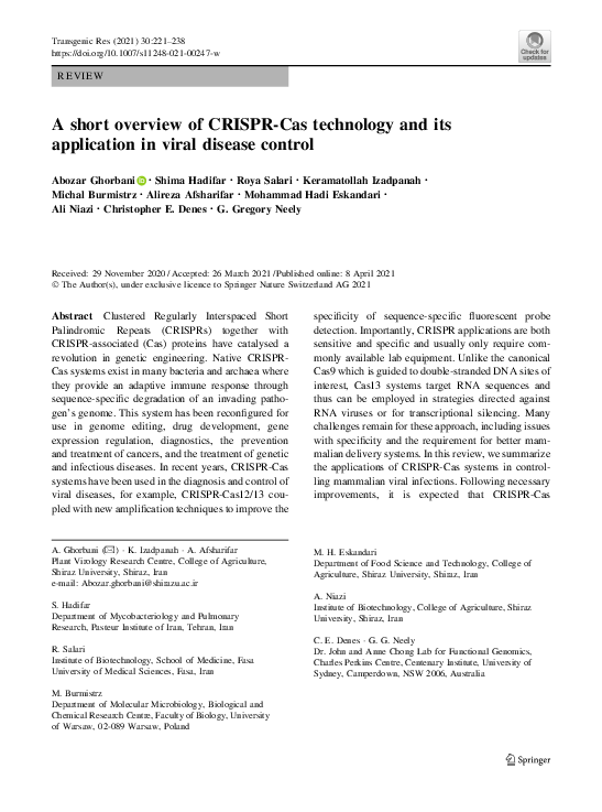 Pdf A Short Overview Of Crispr Cas Technology And Its Application In