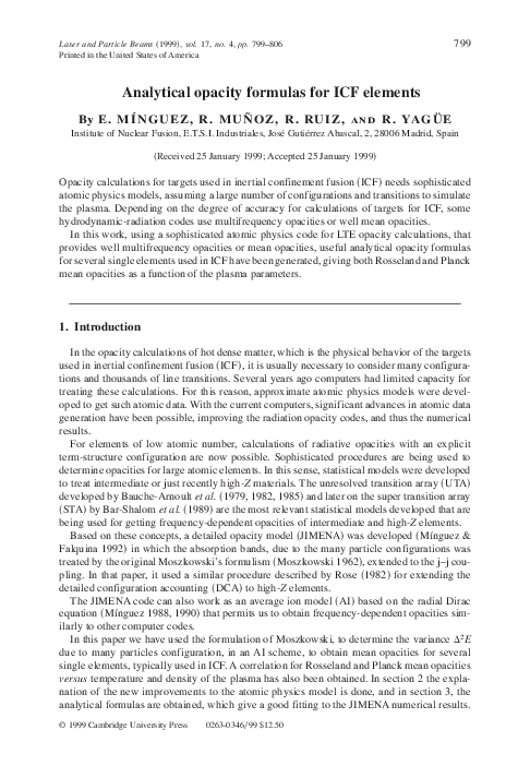(PDF) Analytical opacity formulas for ICF elements