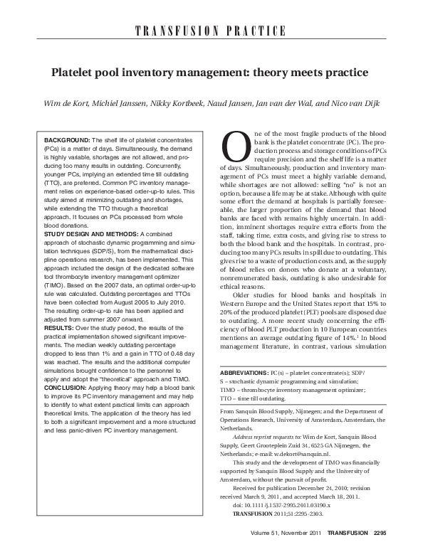 (PDF) Platelet pool inventory management: theory meets practice