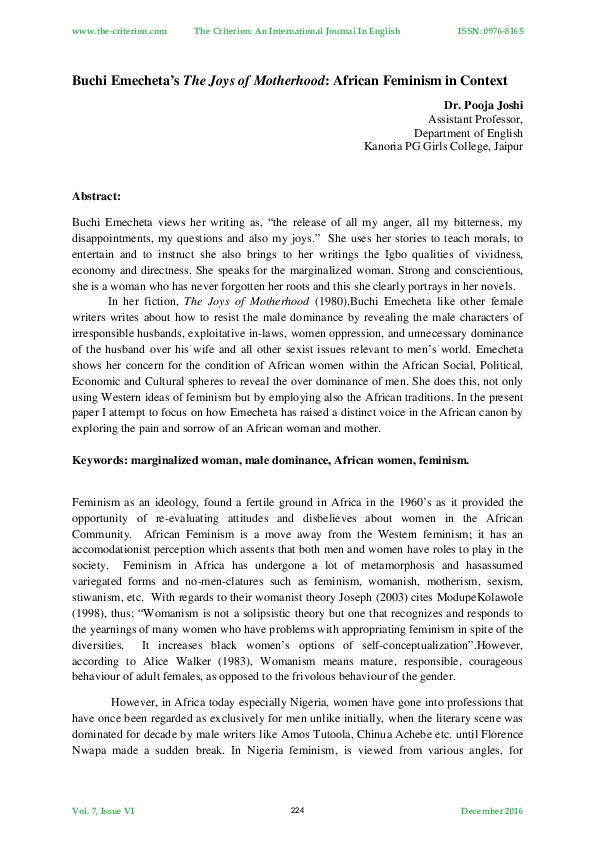 (PDF) Buchi Emecheta's The Joys of Motherhood: African Feminism in Context