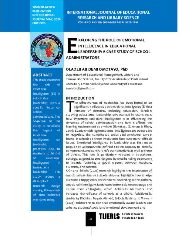 (PDF) EXPLORING THE ROLE OF EMOTIONAL INTELLIGENCE IN EDUCATIONAL LEADERSHIP: A CASE STUDY OF ...