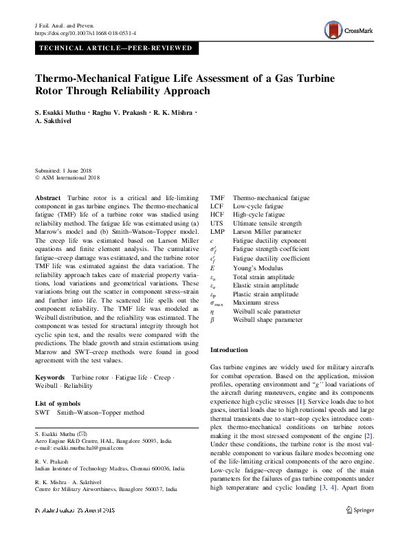 (PDF) Thermo-Mechanical Fatigue Life Assessment of a Gas Turbine Rotor Through Reliability Approach