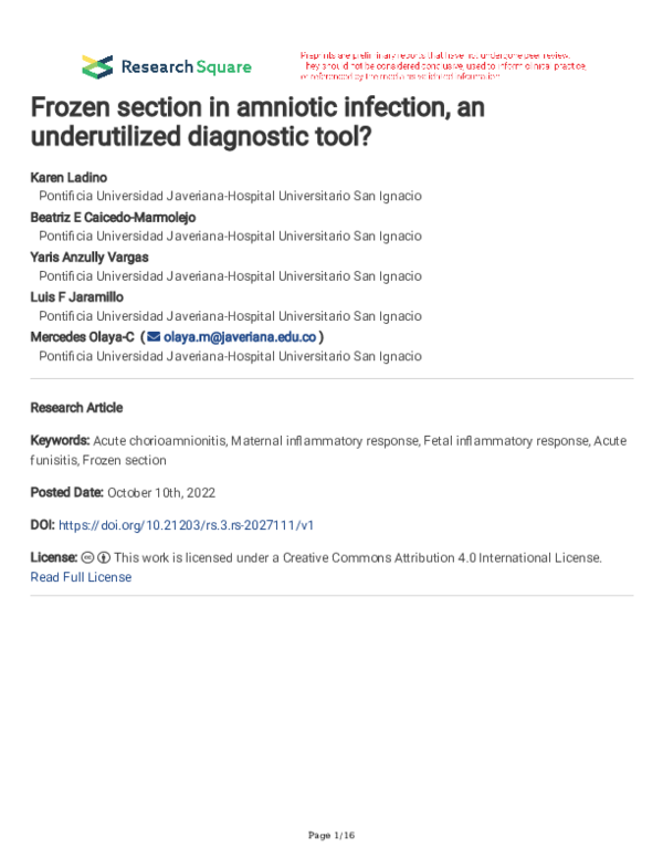 (PDF) Frozen section in amniotic infection, an underutilized diagnostic ...