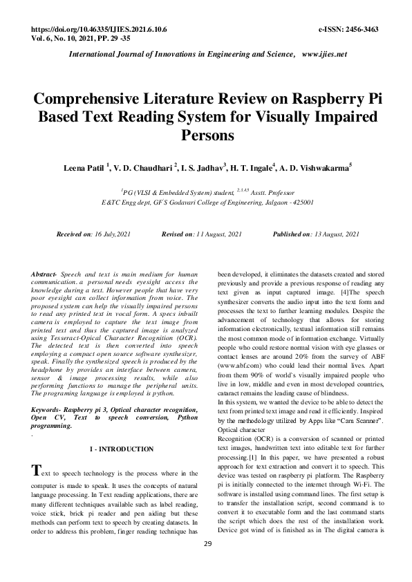 (PDF) Raspberry Pi Text Reader for the Visually Impaired