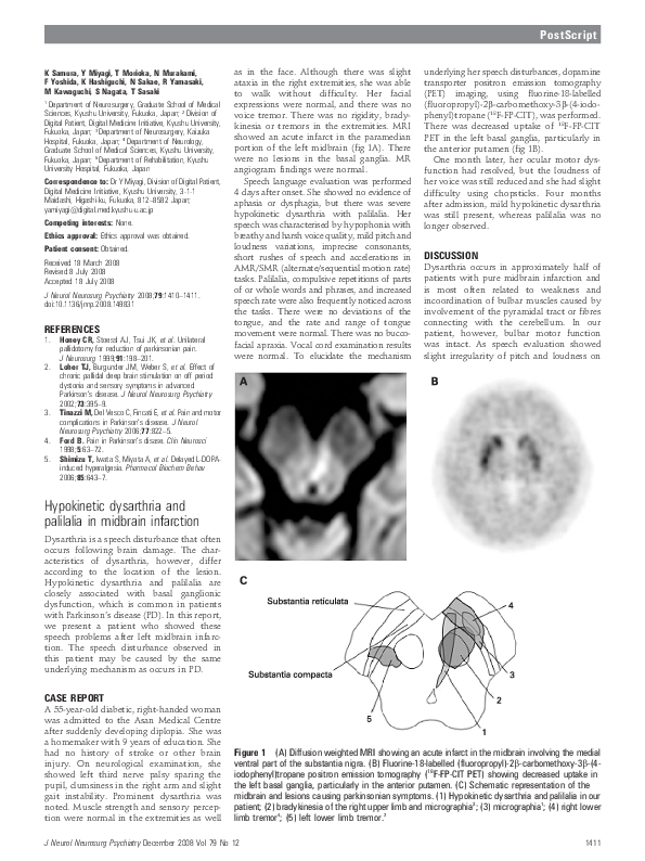 (PDF) Hypokinetic dysarthria and palilalia in midbrain infarction