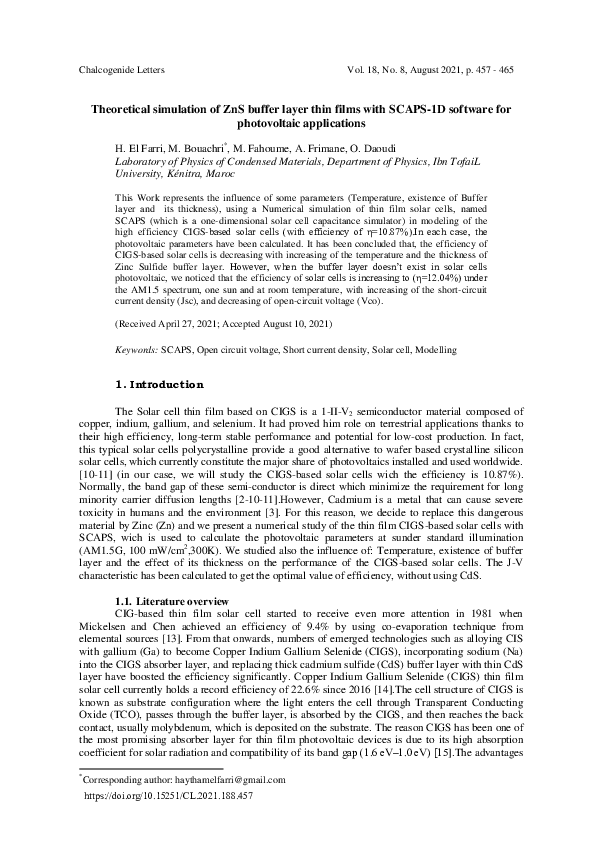 (PDF) Theoretical simulation of ZnS buffer layer thin films with SCAPS-1D software for ...