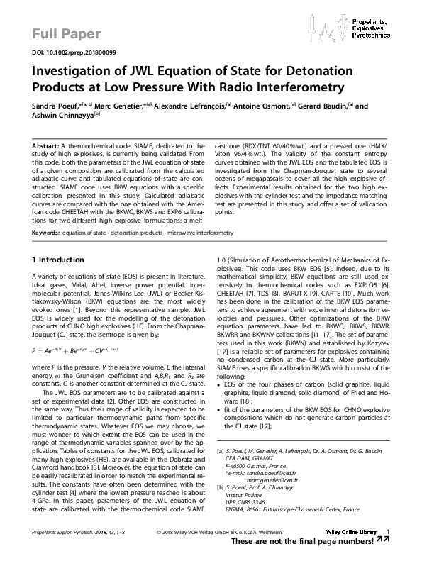(PDF) Investigation of JWL Equation of State for Detonation Products at ...