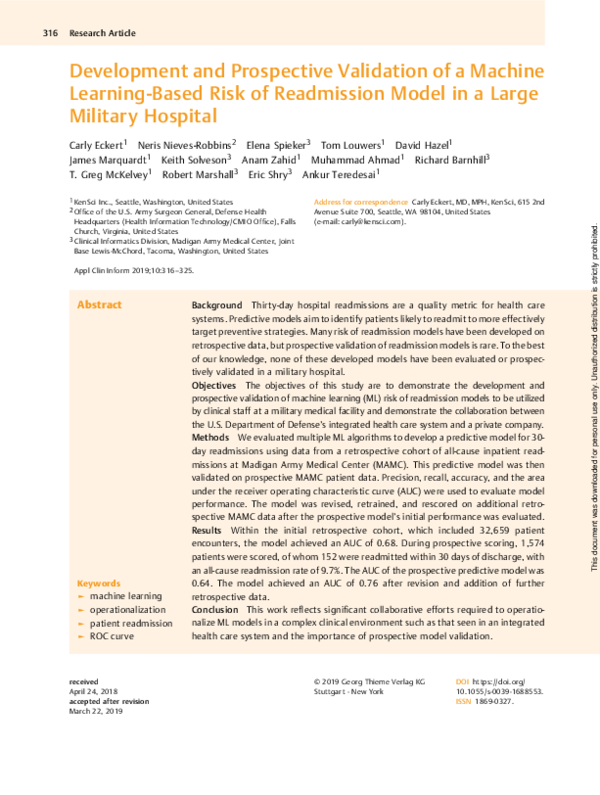 (PDF) Development and Prospective Validation of a Machine Learning-Based Risk of Readmission ...