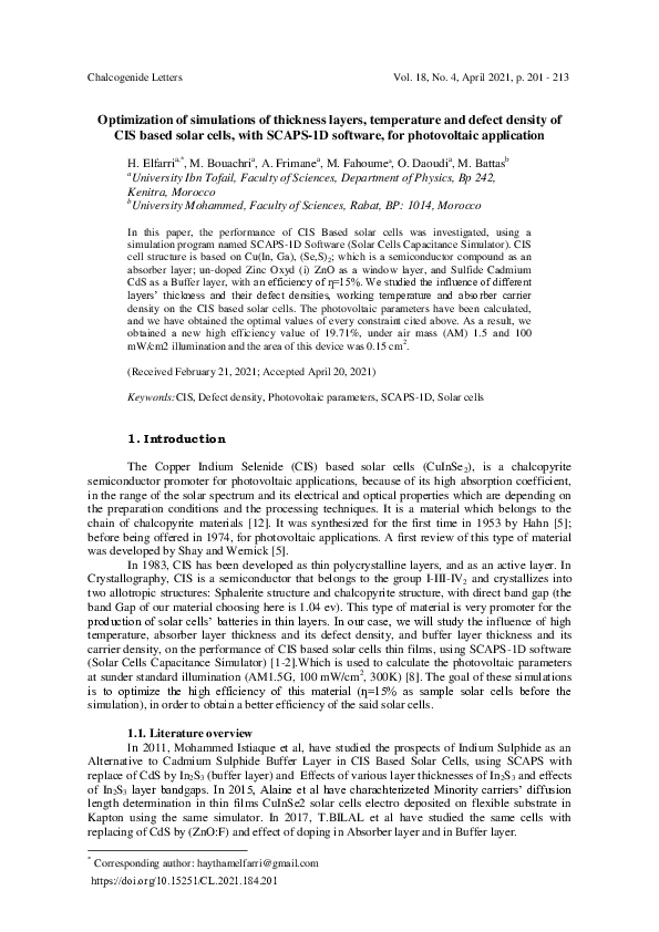 (PDF) Optimization of simulations of thickness layers, temperature and defect density of CIS ...