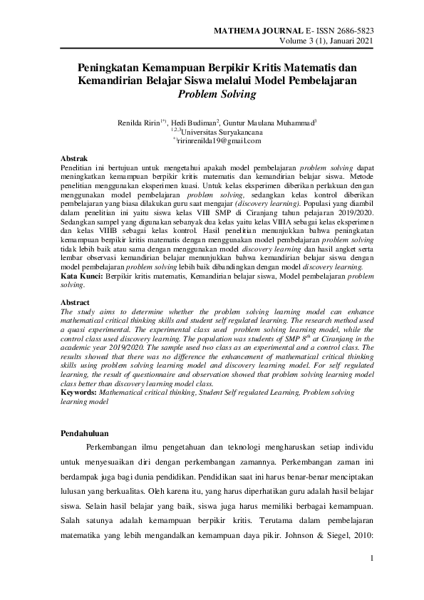 (PDF) Peningkatan Kemampuan Berpikir Kritis Matematis dan Kemandirian Belajar Siswa melalui ...