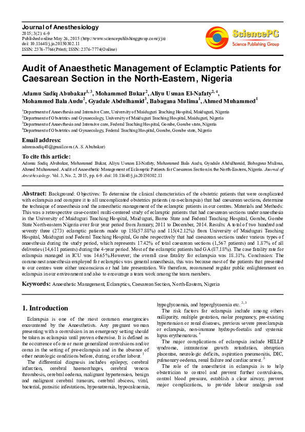 (PDF) Audit of Anaesthetic Management of Eclamptic Patients for ...