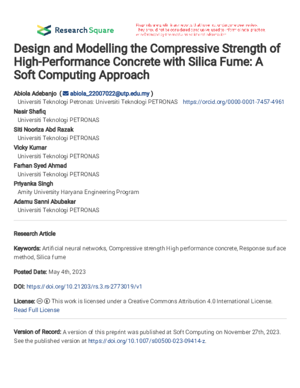 (PDF) Design and Modelling the Compressive Strength of High-Performance Concrete with Silica ...