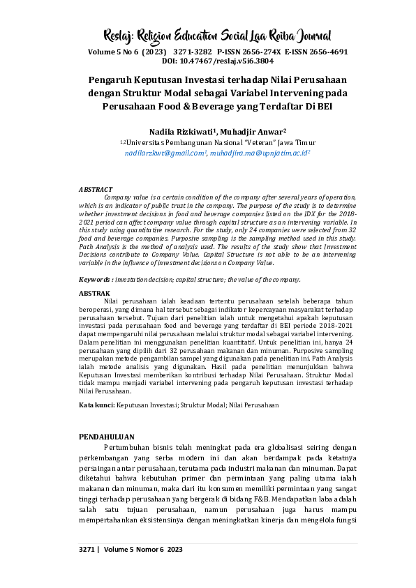 (PDF) Pengaruh Keputusan Investasi terhadap Nilai Perusahaan dengan ...