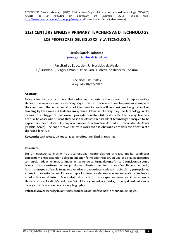 (PDF) 21st century English Primary teachers and technology [Los ...