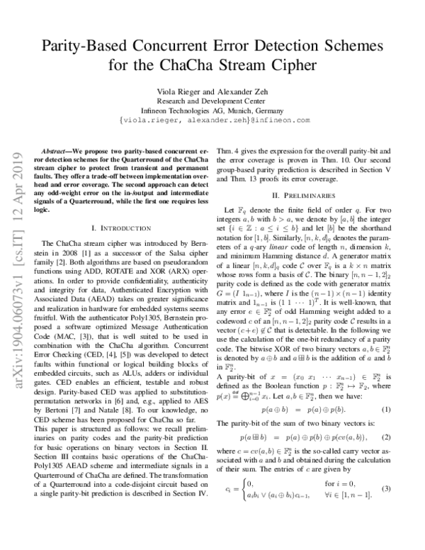 Pdf Parity Based Concurrent Error Detection Schemes For The Chacha Stream Cipher