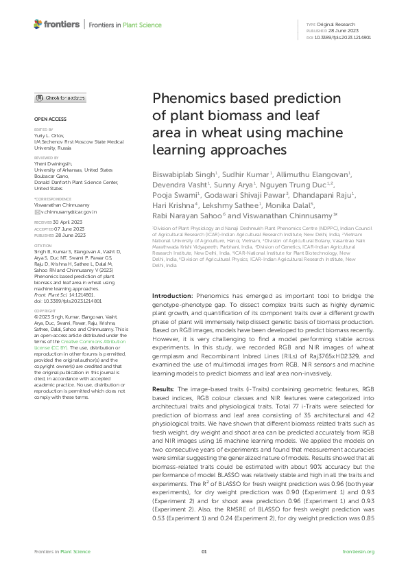 (PDF) Phenomics based prediction of plant biomass and leaf area in wheat using machine learning ...