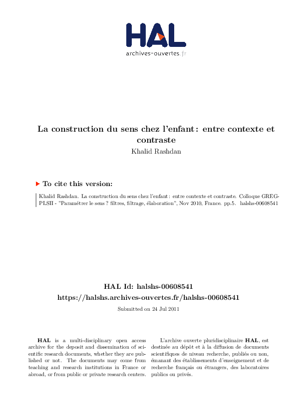(PDF) La construction du sens chez l'enfant : entre contexte et contraste
