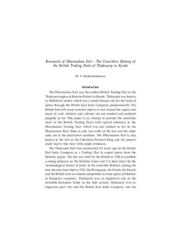 (PDF) Remnants of Dharmadam Fort -The Unwritten History of the British ...