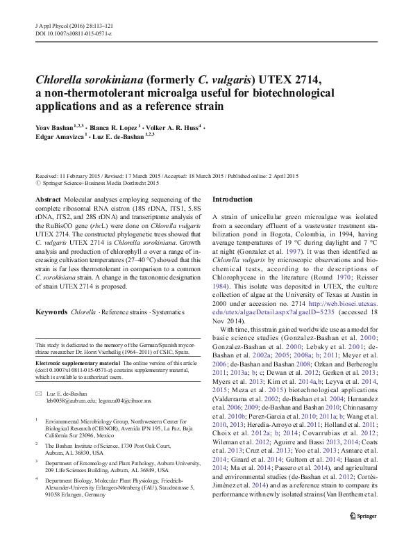 (PDF) Chlorella sorokiniana UTEX 2714: Taxonomy and Growth Analysis