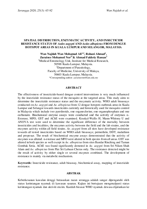 (PDF) SPATIAL DISTRIBUTION, ENZYMATIC ACTIVITY, AND INSECTICIDE RESISTANCE STATUS OF Aedes ...