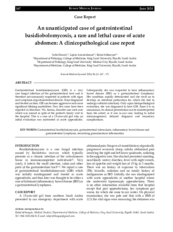 (PDF) An unanticipated case of gastrointestinal basidiobolomycosis, a ...