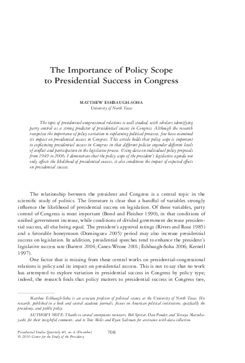 (PDF) The Importance of Policy Scope to Presidential Success in Congress