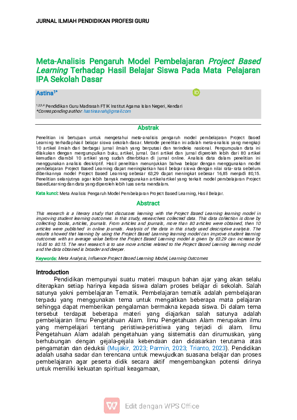 (PDF) JURNAL ILMIAH PENDIDIKAN PROFESI GURU Meta-Analisis Pengaruh Model Pembelajaran Project ...