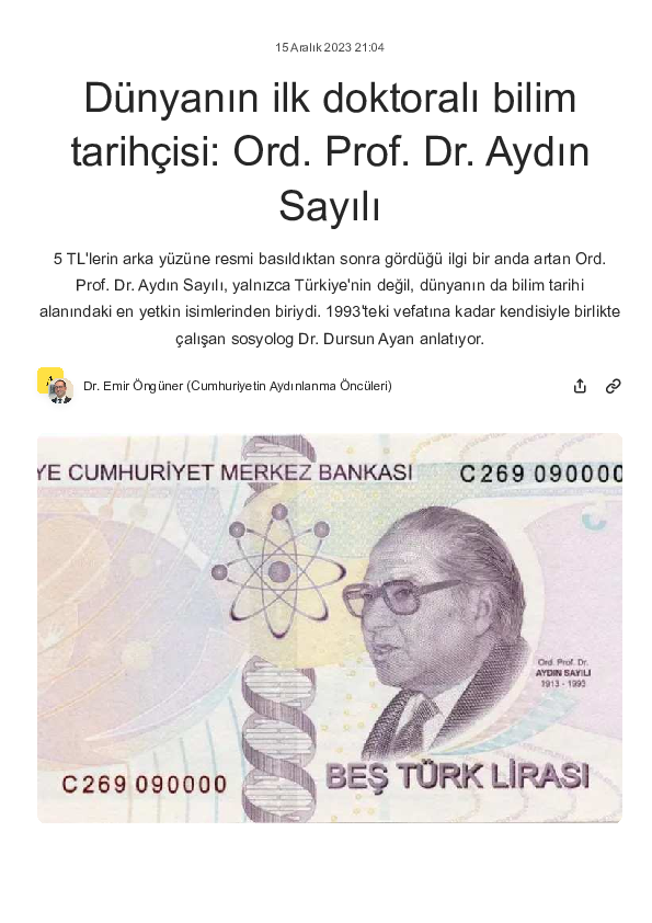 (PDF) Dünyanın ilk doktoralı bilim tarihçisi: Ord. Prof. Dr. Aydın Sayılı