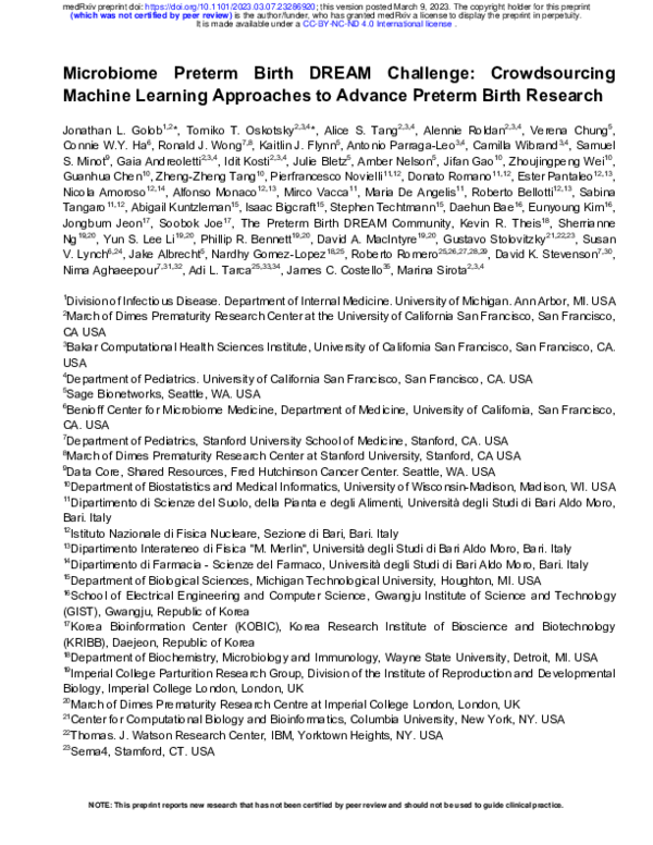 (PDF) Microbiome Preterm Birth DREAM Challenge: Crowdsourcing Machine ...