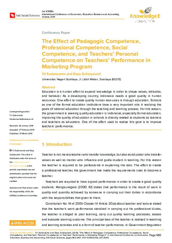 (PDF) The Effect of Pedagogic Competence, Professional Competence, Social Competence, and ...