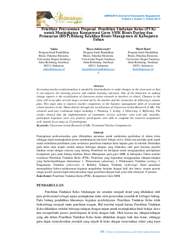(PDF) Pelatihan Penyusunan Proposal Penelitian Tindakan Kelas (PTK) untuk Meningkatan Kompetensi ...