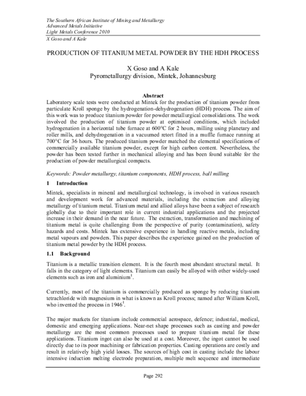 (PDF) Production of titanium metal powder by the HDH process | aditya ...