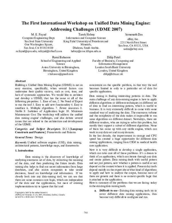 (PDF) Challenges in Developing a Unified Data Mining Engine