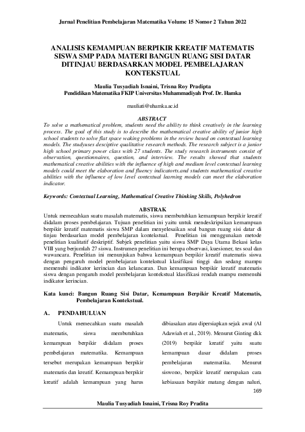 (PDF) Analisis Kemampuan Berpikir Kreatif Matematis Siswa SMP Pada Materi Bangun Ruang Sisi ...