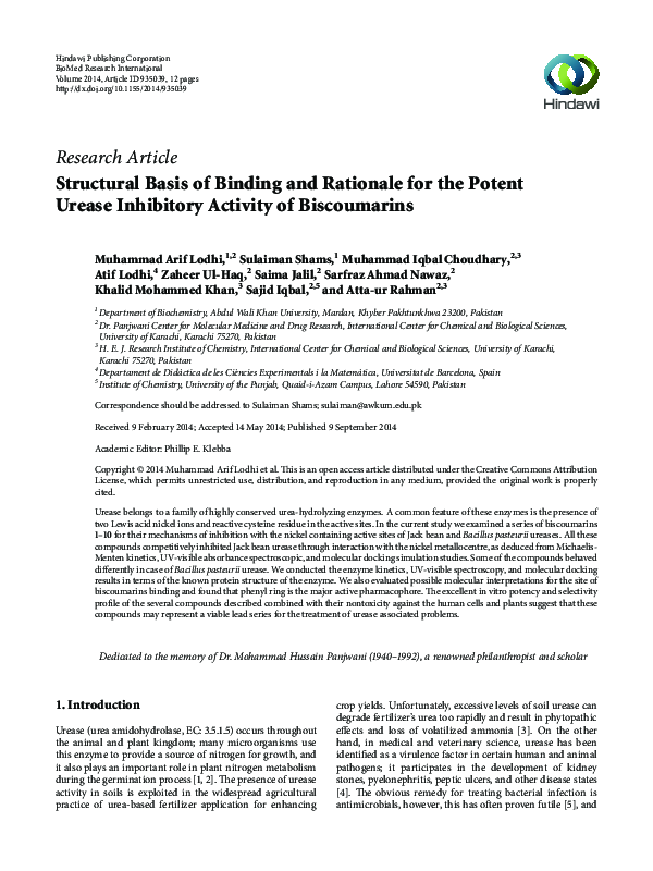 (PDF) Structural Basis of Binding and Rationale for the Potent Urease ...