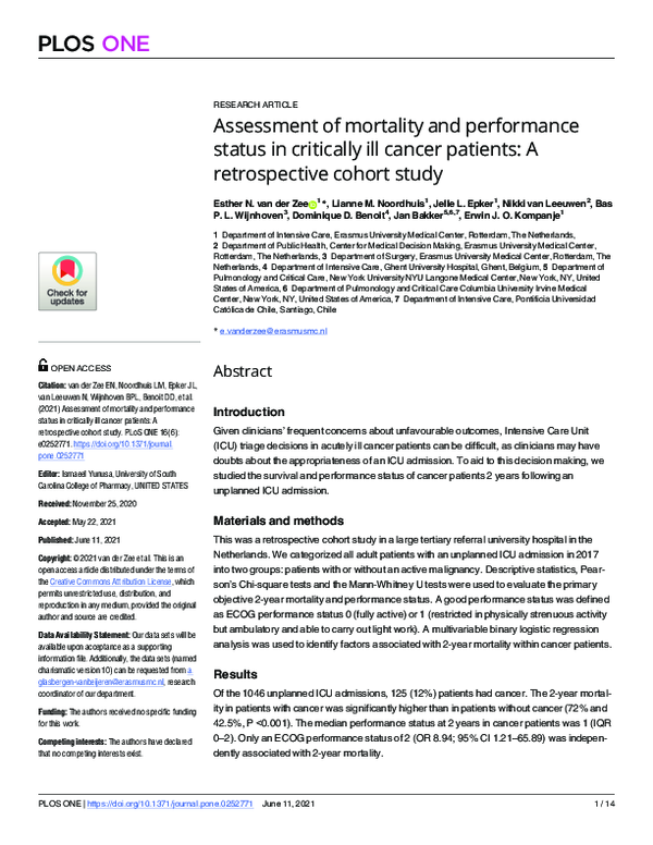 (PDF) Assessment of mortality and performance status in critically ill ...