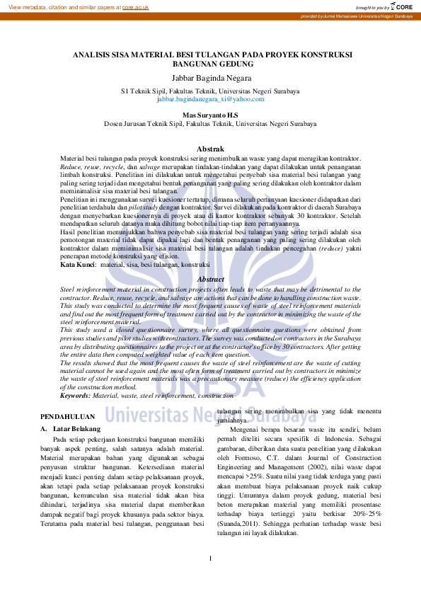 (PDF) Analisis Sisa Material Besi Tulangan Pada Proyek Konstruksi Bangunan Gedung