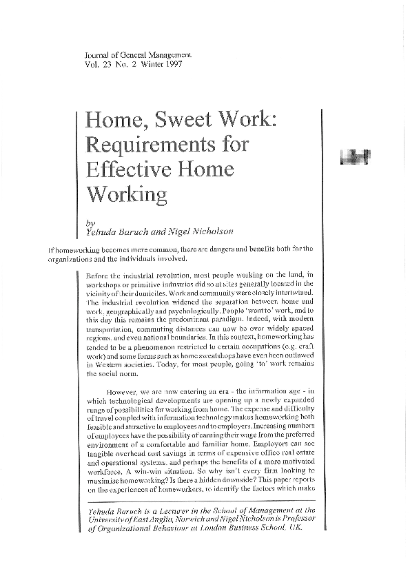 (PDF) Home, Sweet Work: Requirements for Effective Home Working