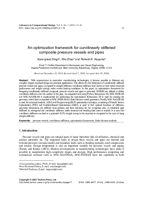 (PDF) An Optimization Framework for Curvilinearly Stiffened Composite Pressure Vessels and Pipes
