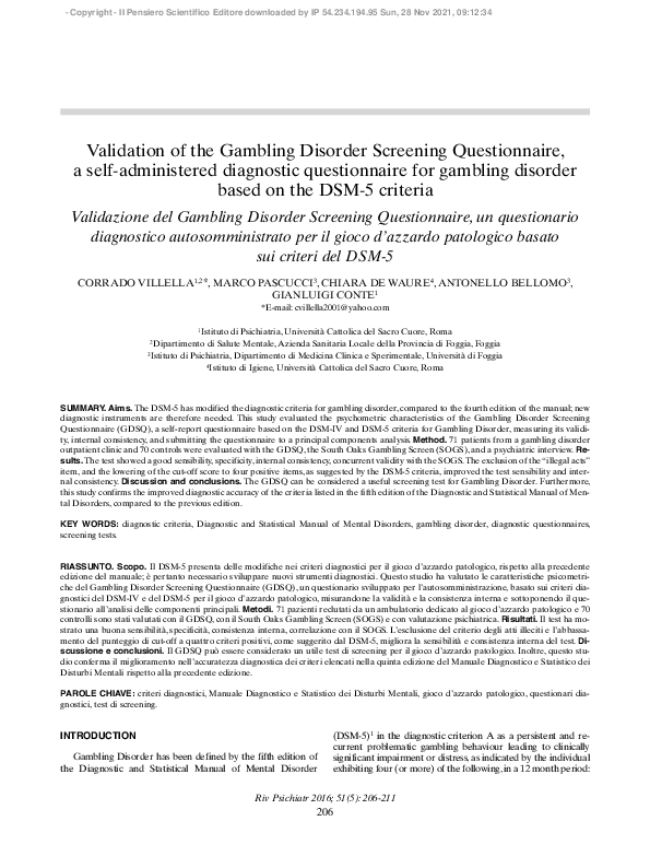 (PDF) Validation of the Gambling Disorder Screening Questionnaire, a ...